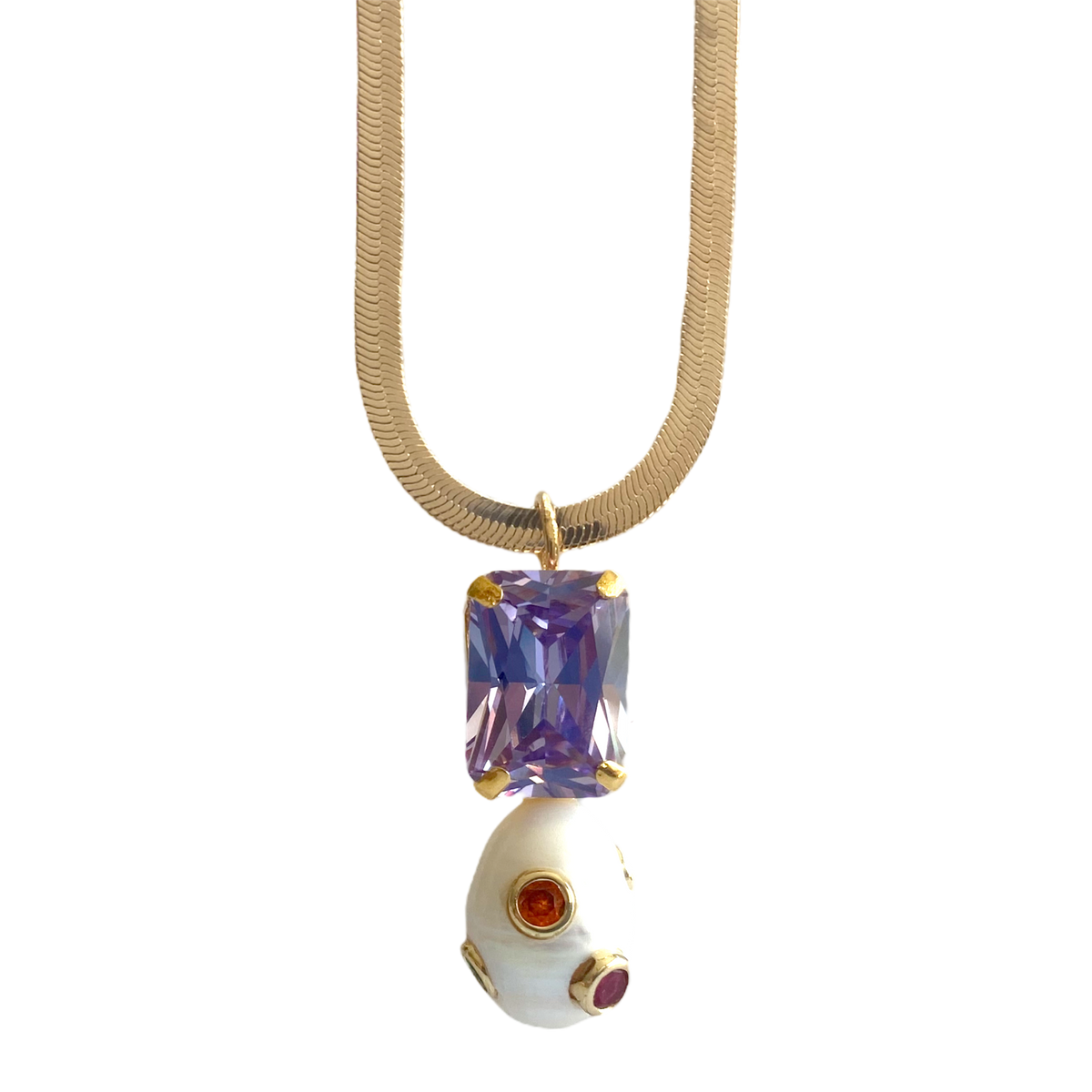 Octagon Pearl Herringbone Chain Necklace in Purple – Mint Julep